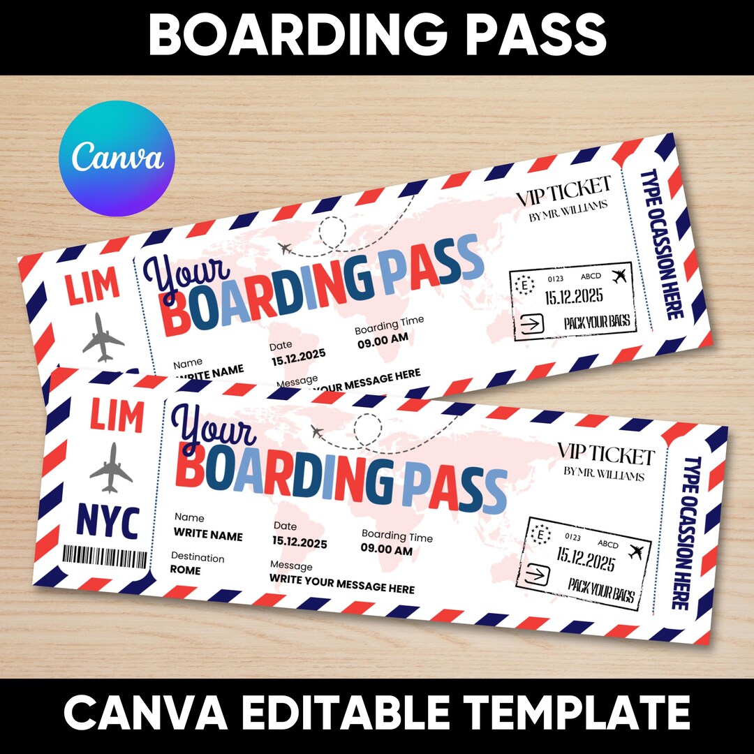 Editable Boarding Pass Template, Printable Personalized Airline Ticket ...