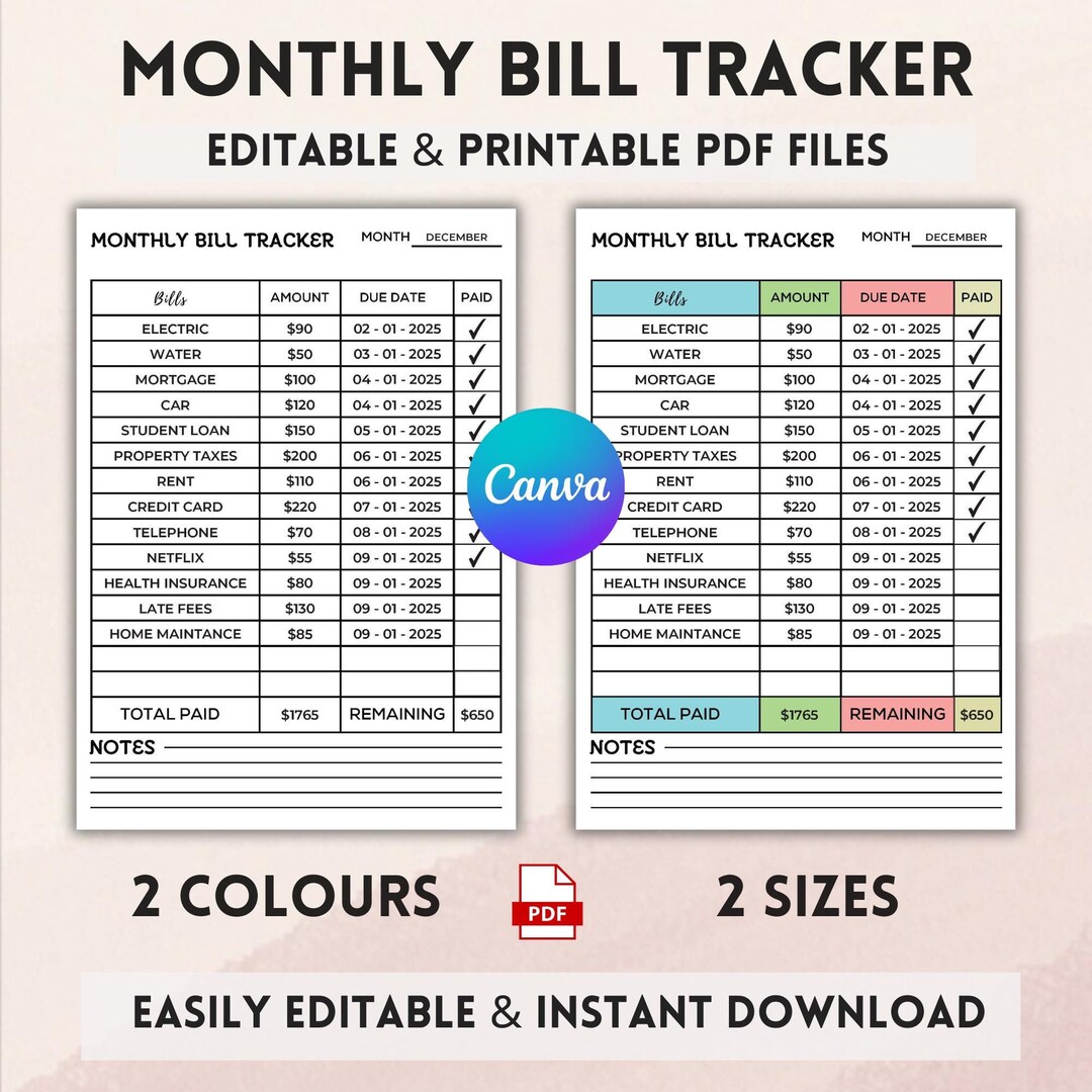 Monthly Bill Tracker Printable, Bill Payments Checklist, Bills Payment ...