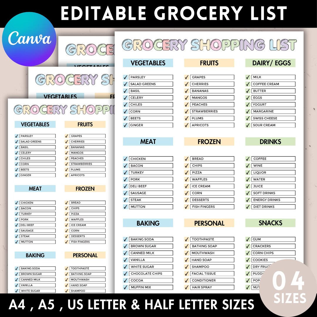Grocery List Printable Template, Grocery Planner, Food Shopping List ...