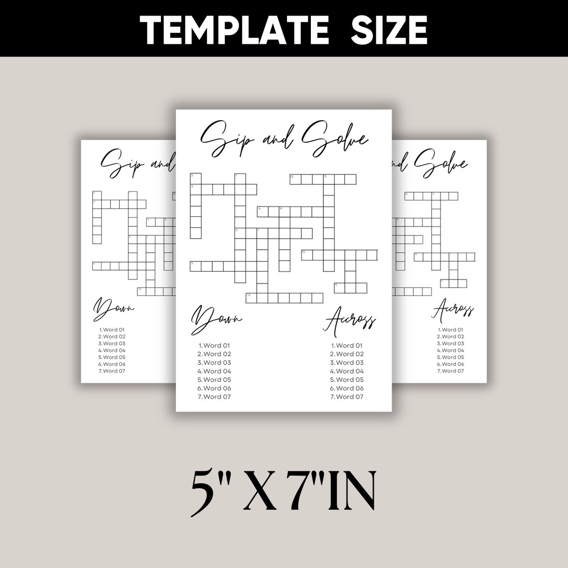 Custom Wedding Small Crossword Puzzle, Sip & Solve, 5x7 Puzzle Template ...