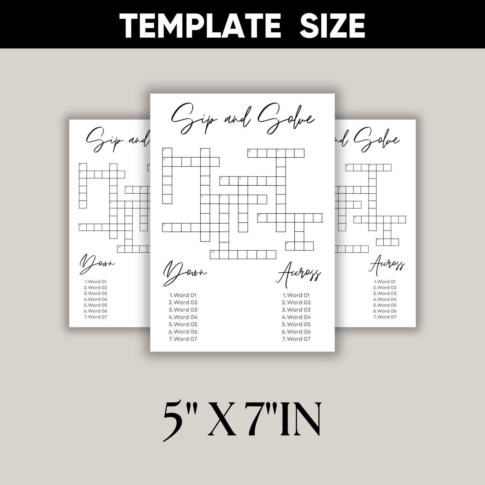 Custom Wedding Small Crossword Puzzle, Sip & Solve, 5x7 Puzzle Template ...
