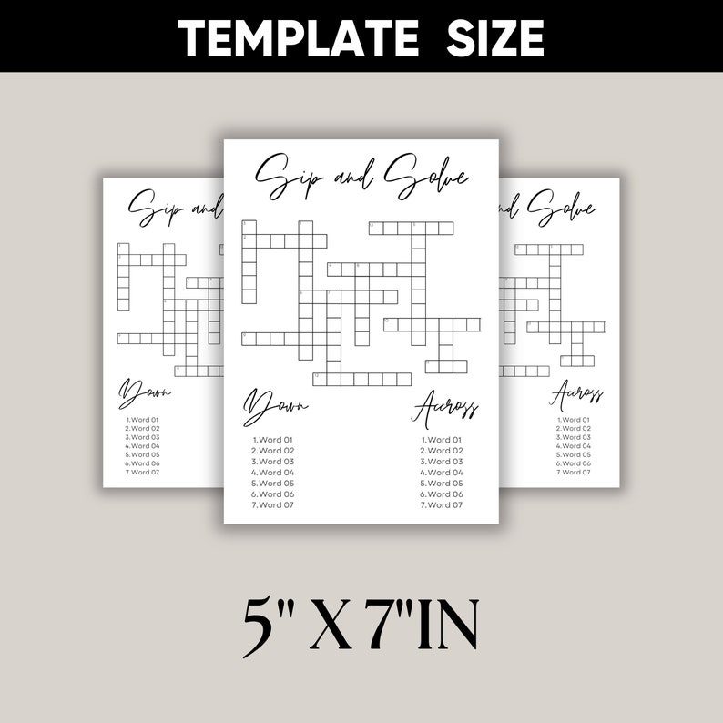 Custom Wedding Small Crossword Puzzle, Sip & Solve, 5x7 Puzzle Template ...