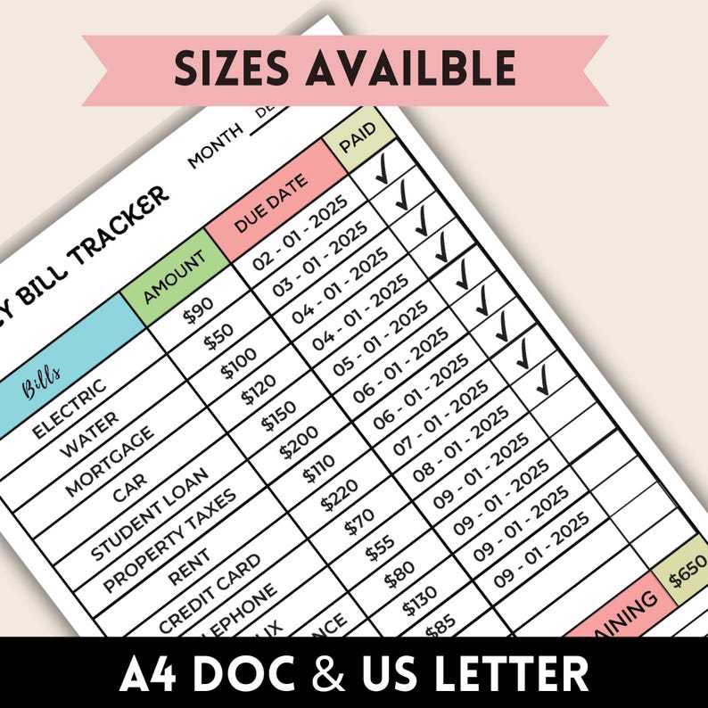 Monthly Bill Tracker Printable, Bill Payments Checklist, Bills Payment ...