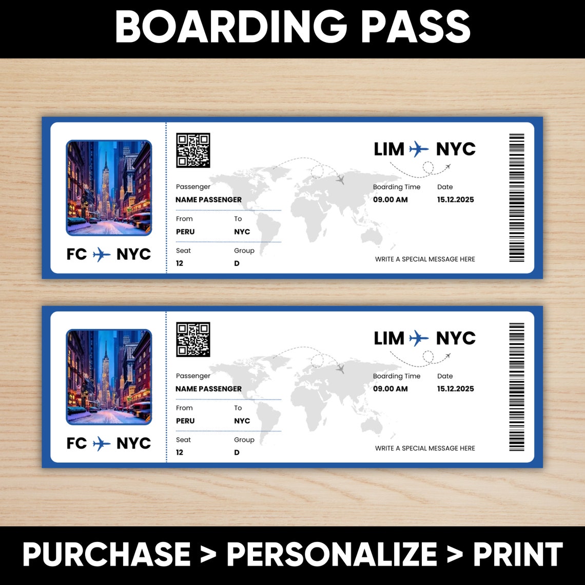 Editable Boarding Pass Template, Printable Personalized Airline Ticket ...