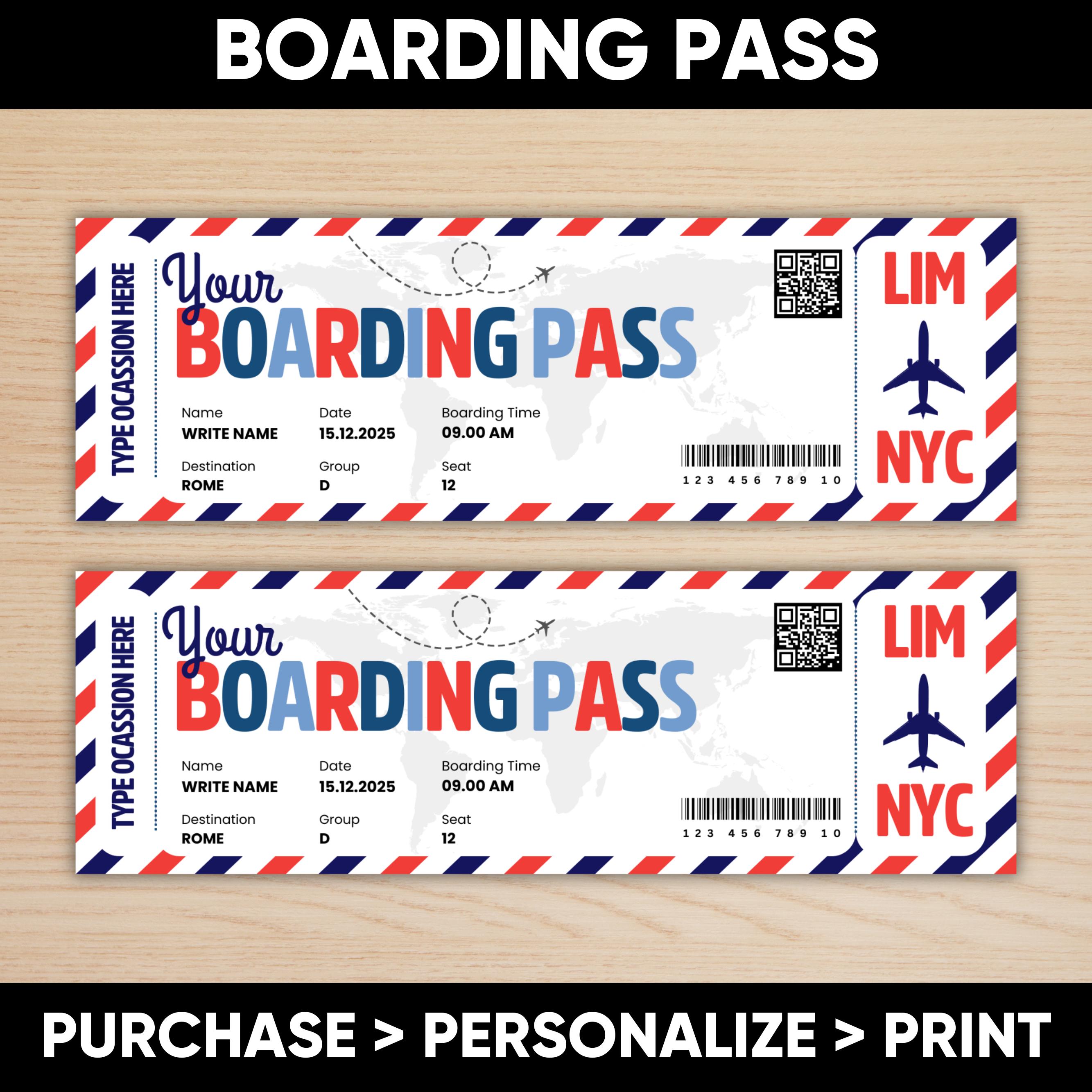 Editable Boarding Pass Template, Printable Personalized Airline Ticket ...