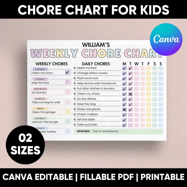 Editable Chore Chart for Kids | Printable | Kids Daily Weekly ...