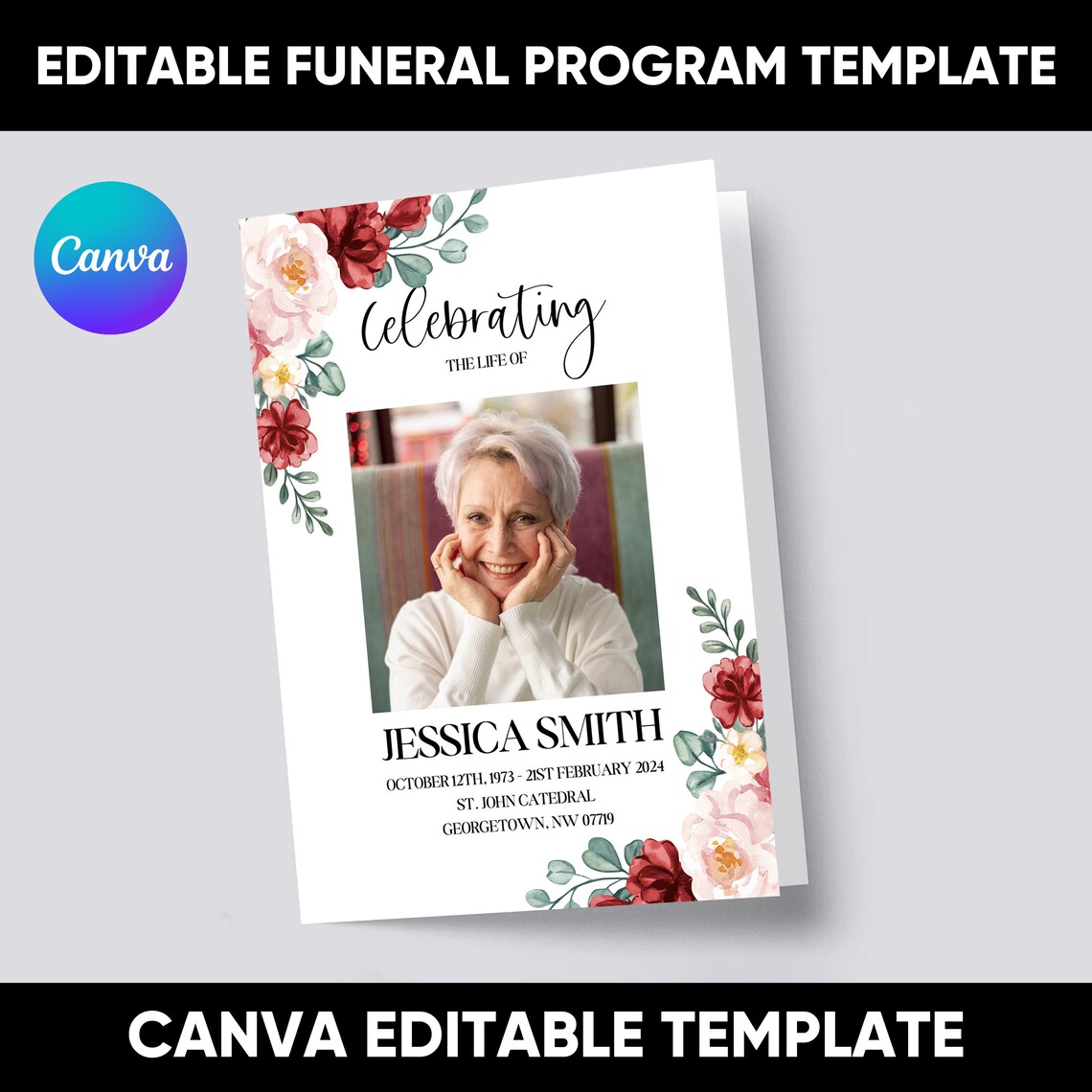 Editable Funeral Program Template, Floral Memorial Program, Pink Floral ...