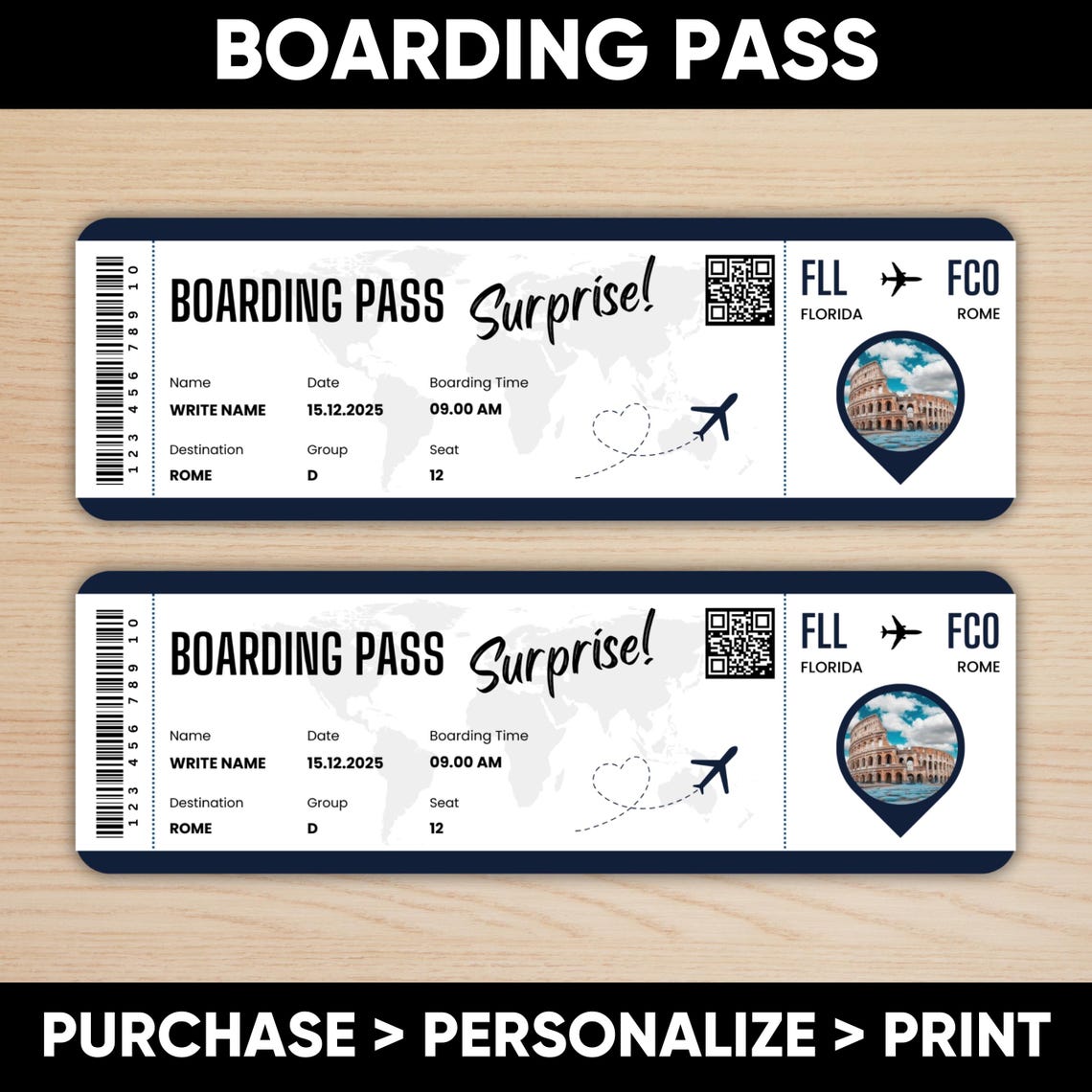 Editable Boarding Pass Template, Printable Personalized Airline Ticket ...
