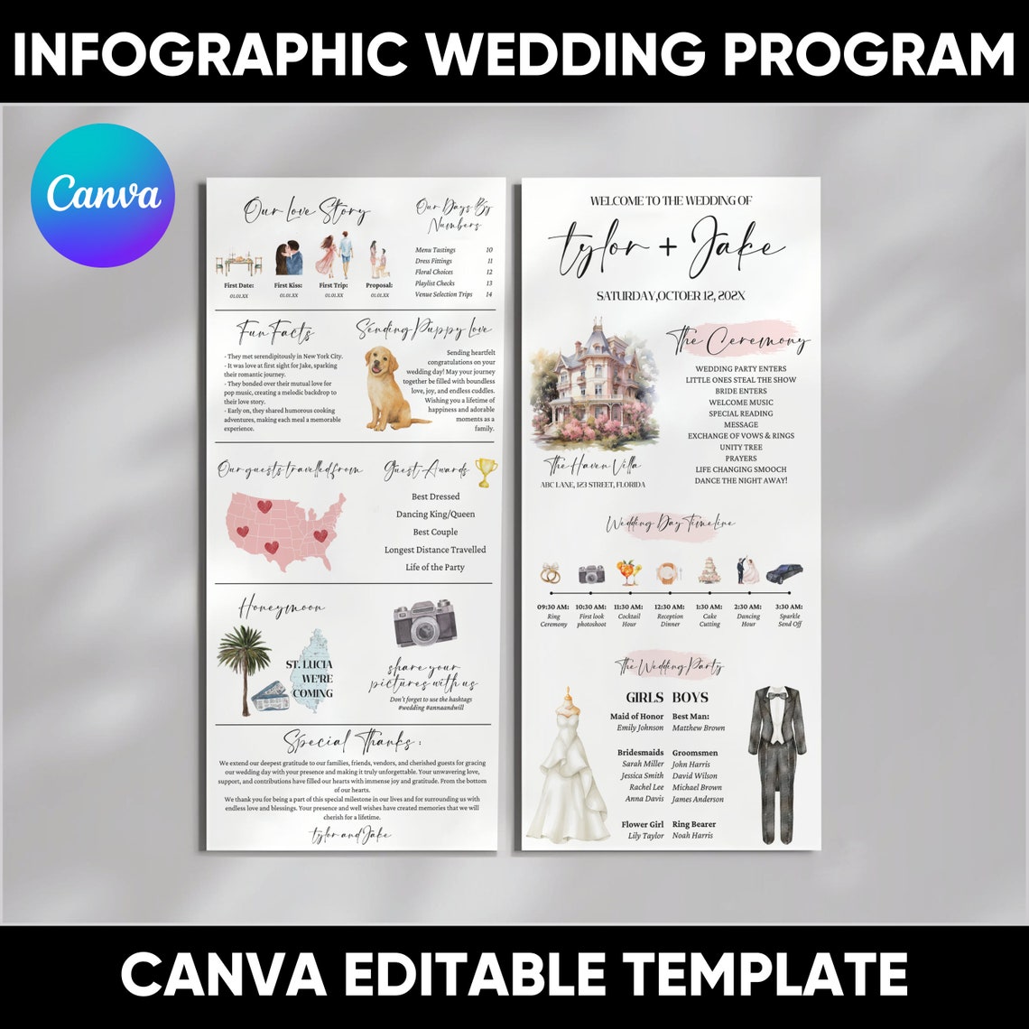 Infographic Wedding Program Template, Wedding Day Timeline Program Card ...