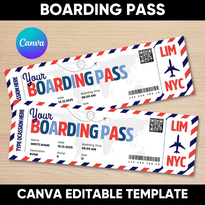 Editable Boarding Pass Template, Printable Personalized Airline Ticket ...