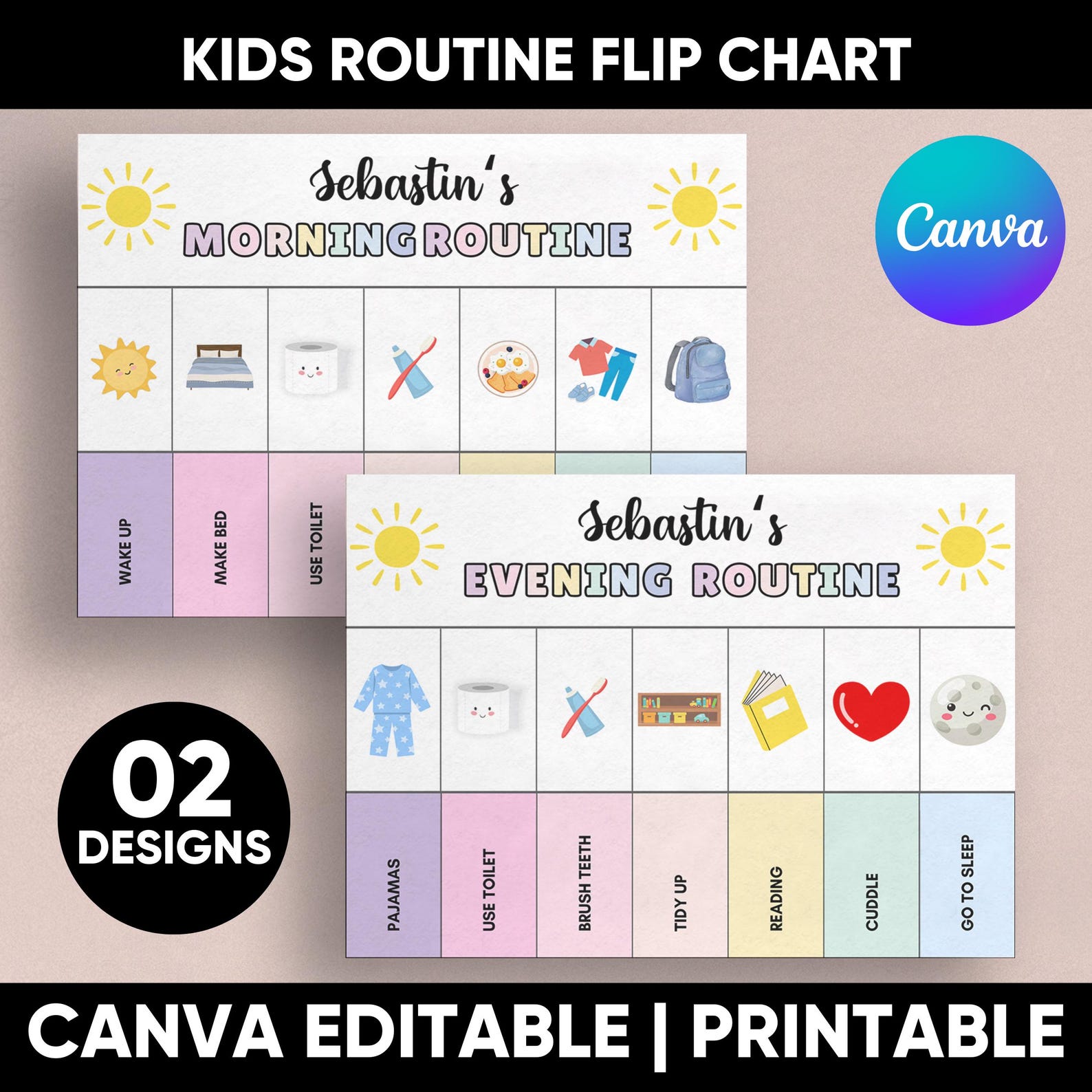 Kids Flip Routine Chart Editable Printable, Morning Evening Bedtime ...