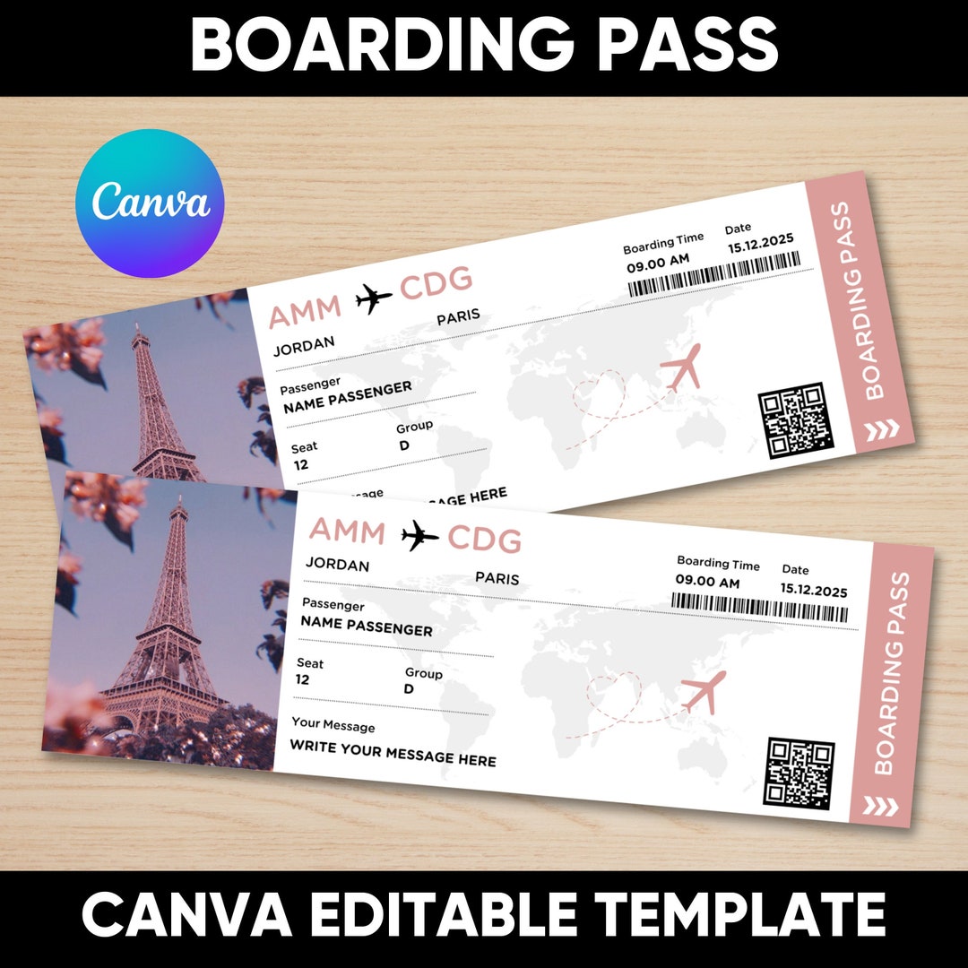Editable Boarding Pass Template, Printable Personalized Airline Ticket ...