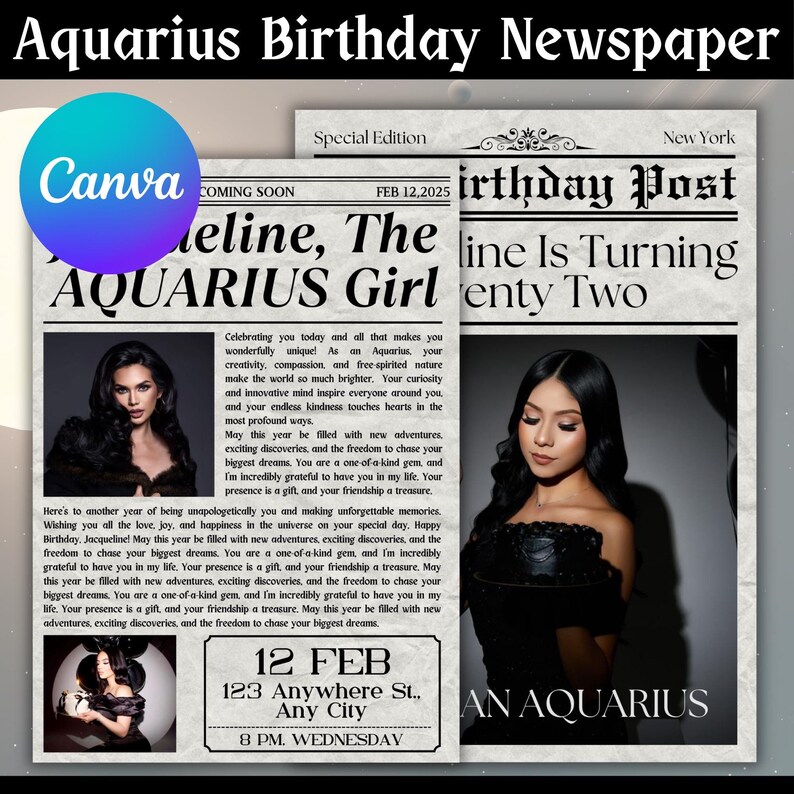 Aquarius Birthday Newspaper Canva Template, Birthday Newspaper Template ...