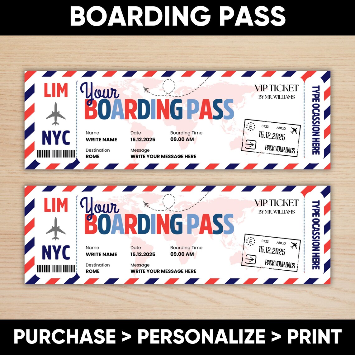 Editable Boarding Pass Template, Printable Personalized Airline Ticket ...