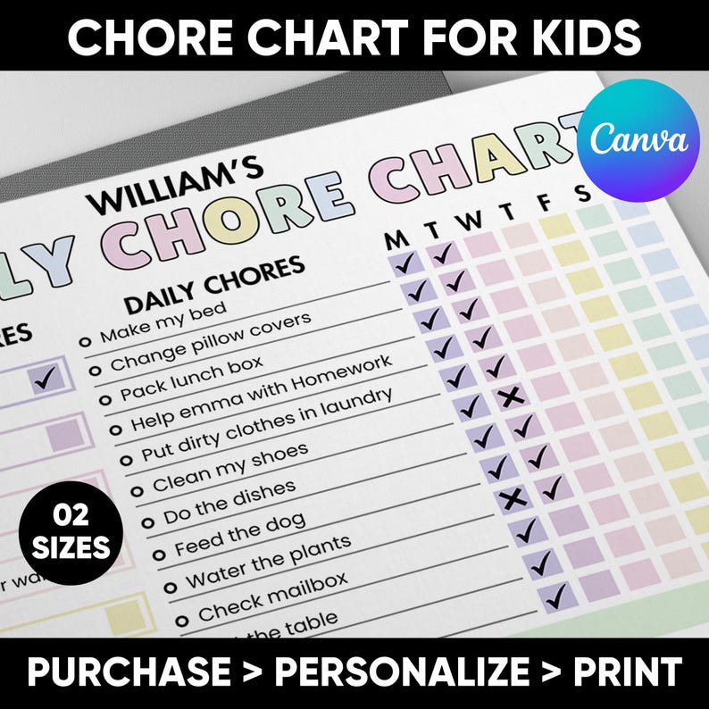 Editable Chore Chart for Kids | Printable | Kids Daily Weekly ...