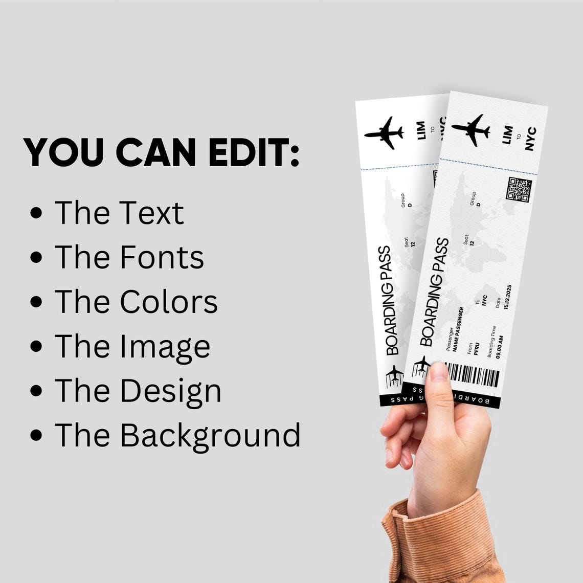 Editable Boarding Pass Template, Printable Personalized Airline Ticket ...