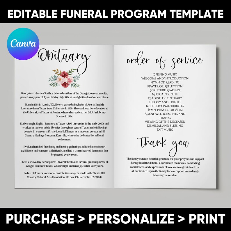 Editable Funeral Program Template, Floral Memorial Program, Pink Floral ...
