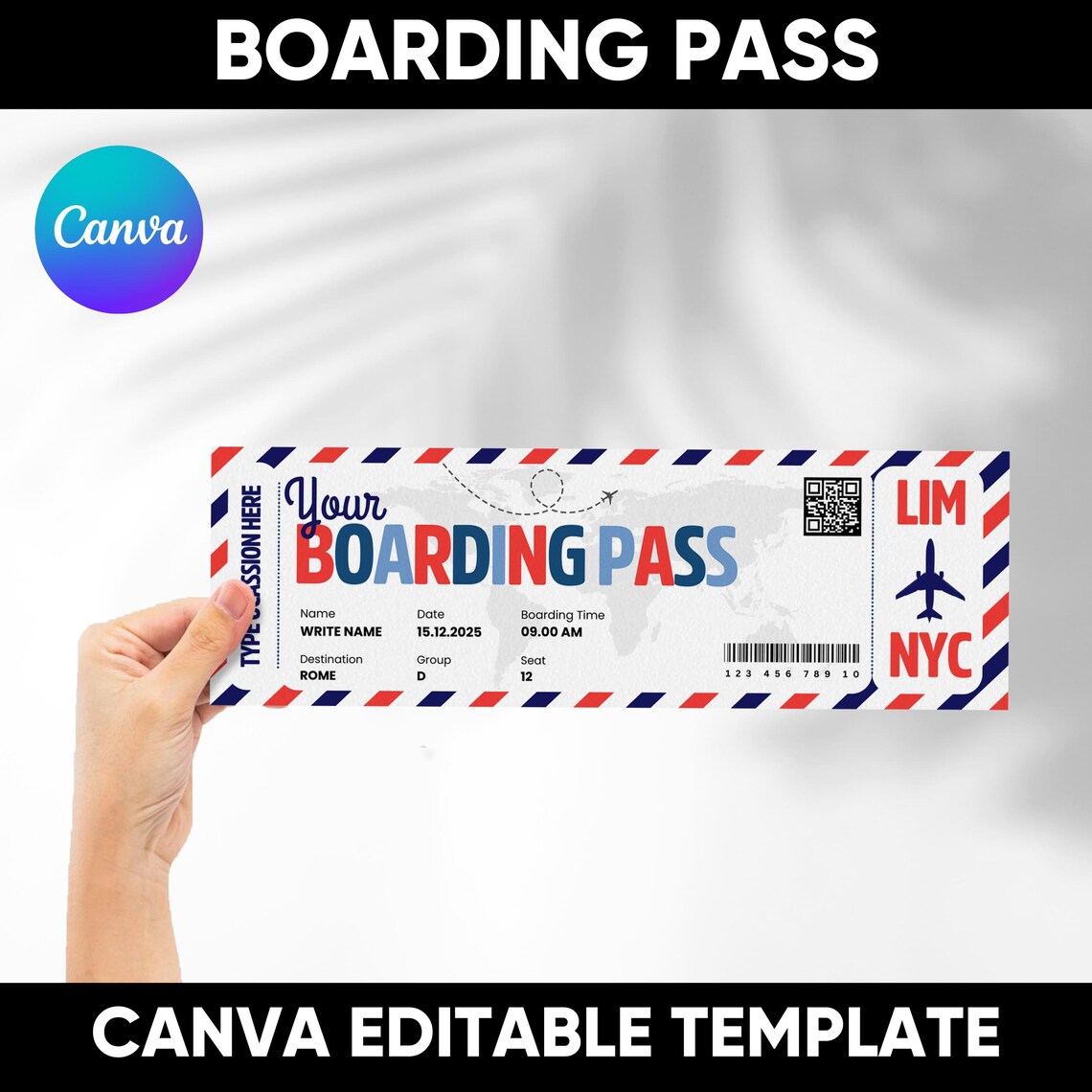 Editable Boarding Pass Template, Printable Personalized Airline Ticket ...