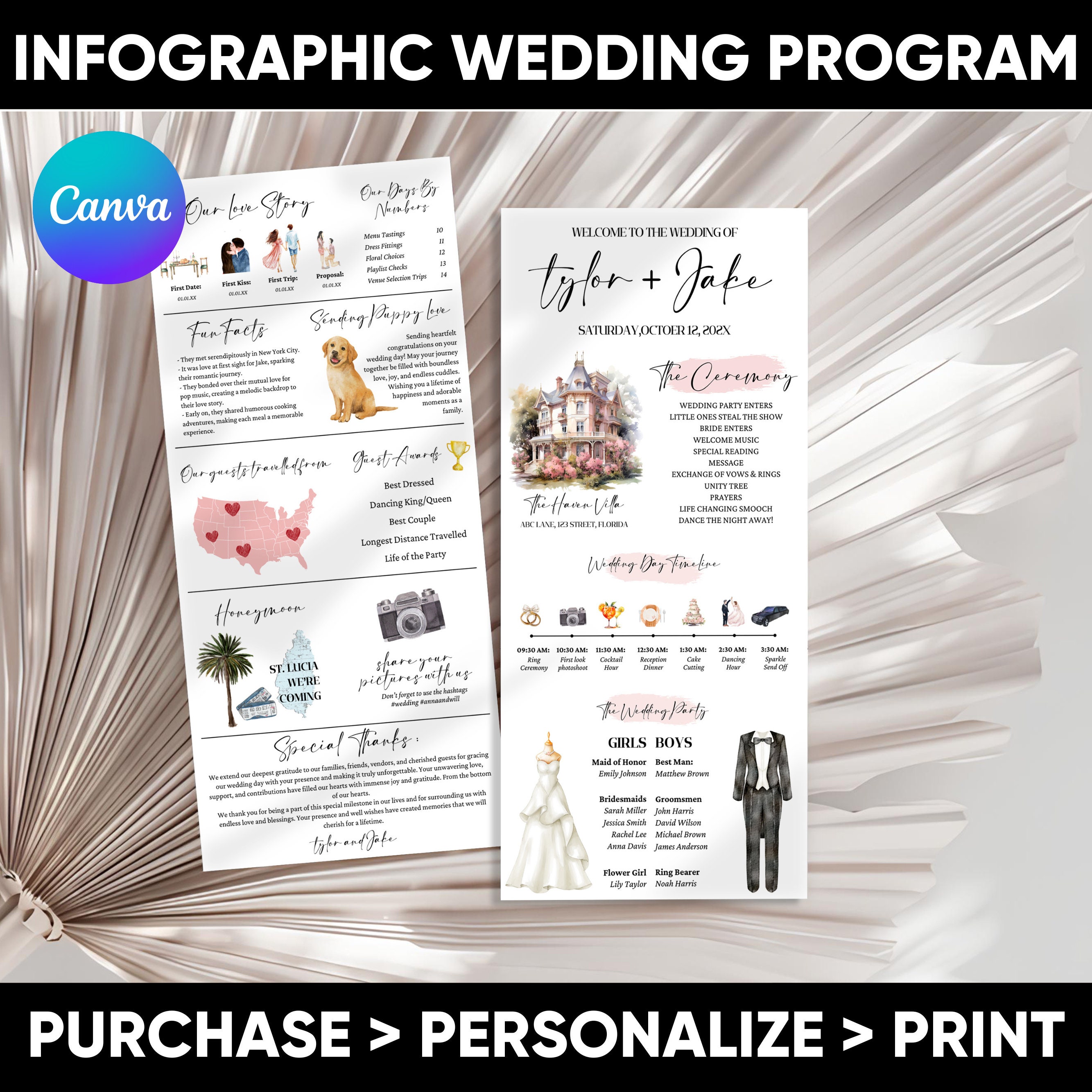 Infographic Wedding Program Template, Wedding Day Timeline Program Card ...