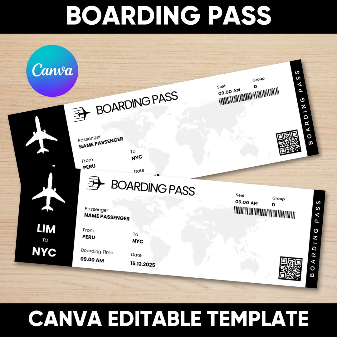 Editable Boarding Pass Template, Printable Personalized Airline Ticket ...