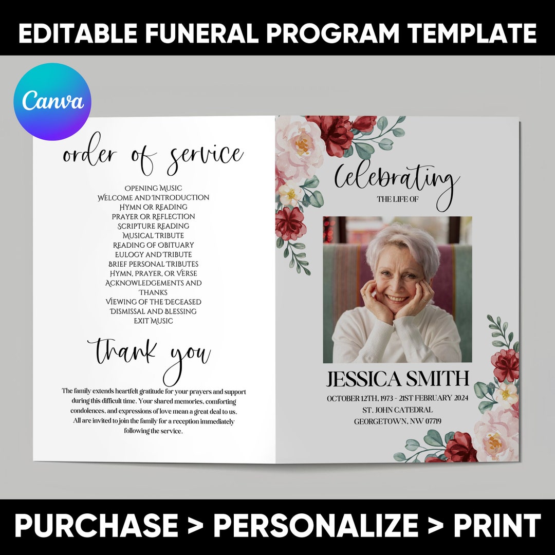 Editable Funeral Program Template, Floral Memorial Program, Pink Floral ...