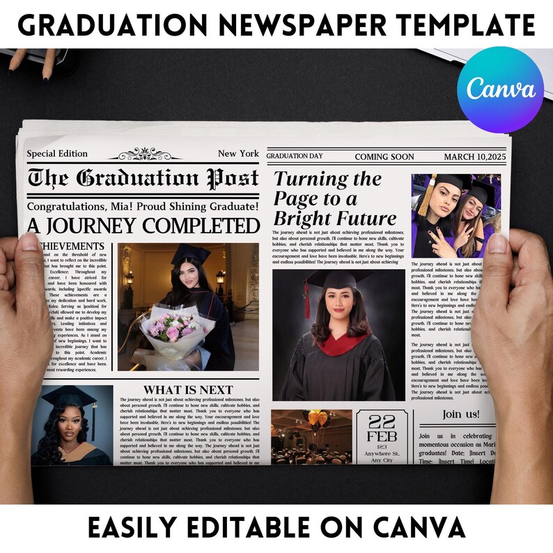 Canva Graduation Party Invite Newspaper Template, Large Editable ...