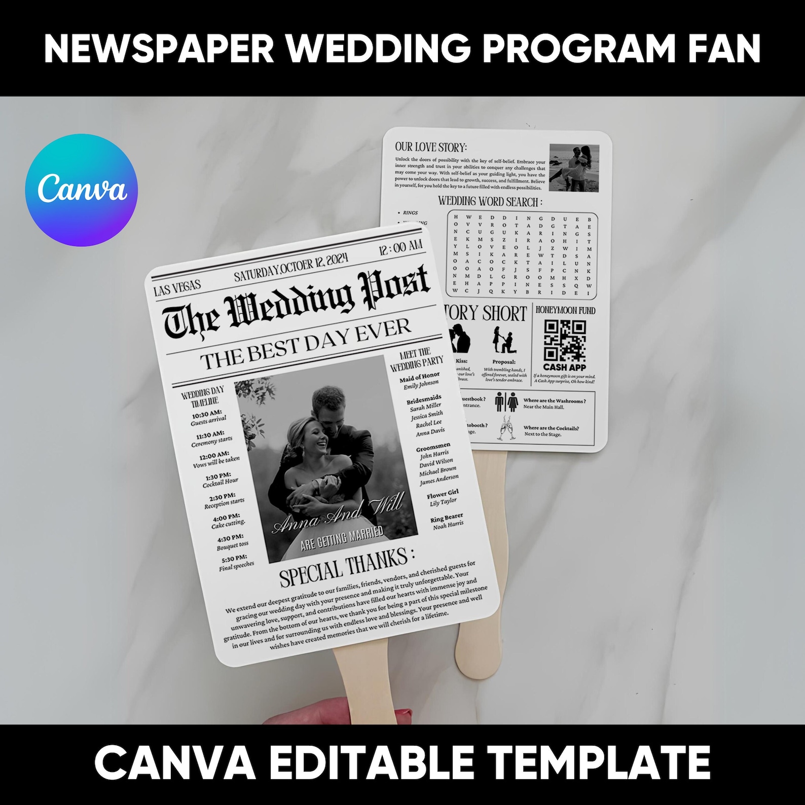Newspaper Wedding Program Fan,printable Program Fan Template, Wedding ...