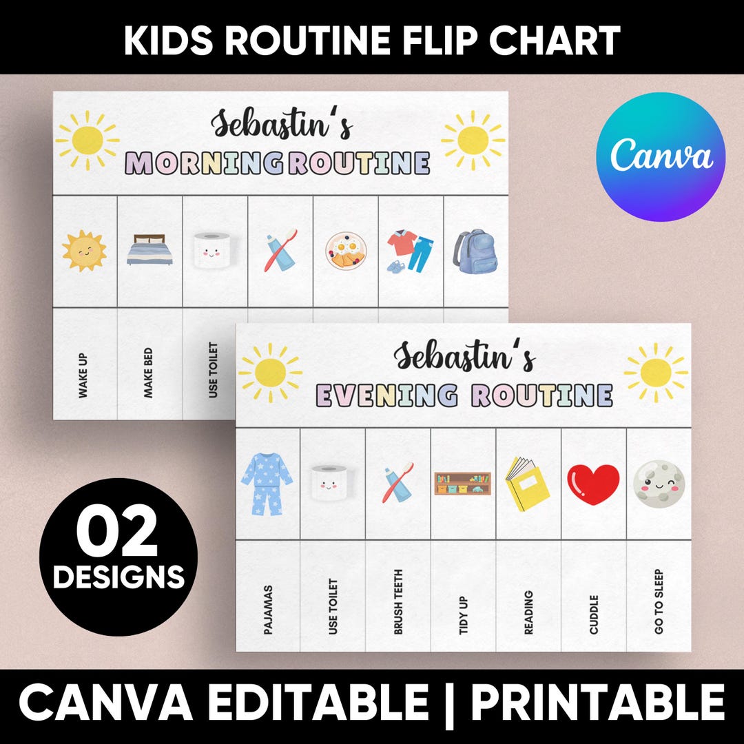 Kids Flip Routine Chart Editable Printable, Morning Evening Bedtime ...