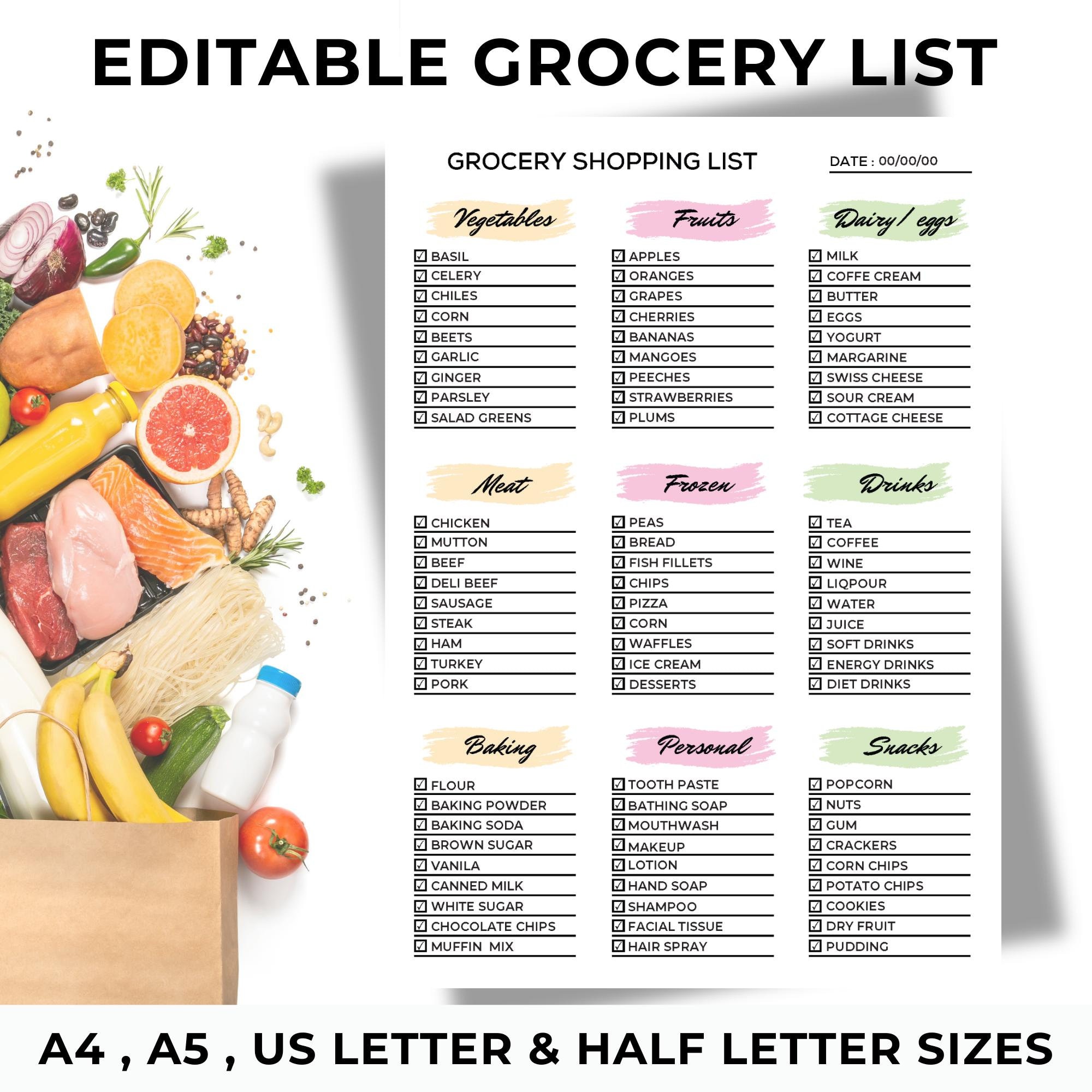 Grocery List Printable, Colorful Grocery Shopping List, Editable Master ...