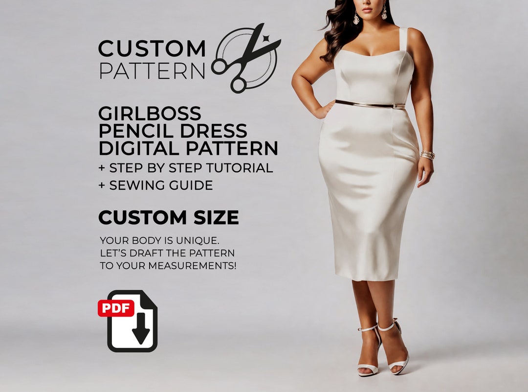 Pencil Dress PDF Sewing Pattern, Tutorial, Custom Size, Plus Size ...