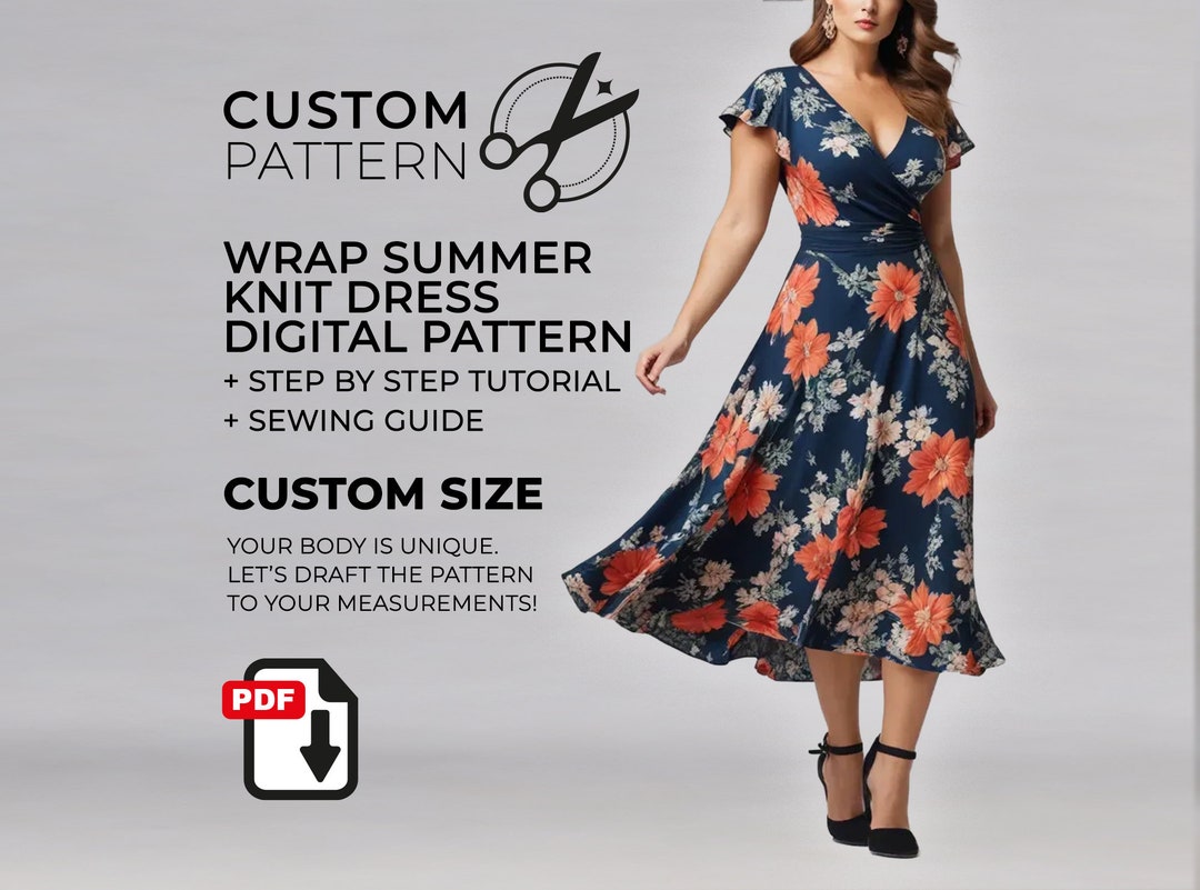 Wrap Knit Dress PDF Sewing Pattern, Tutorial, Custom Size, Sun Dress ...