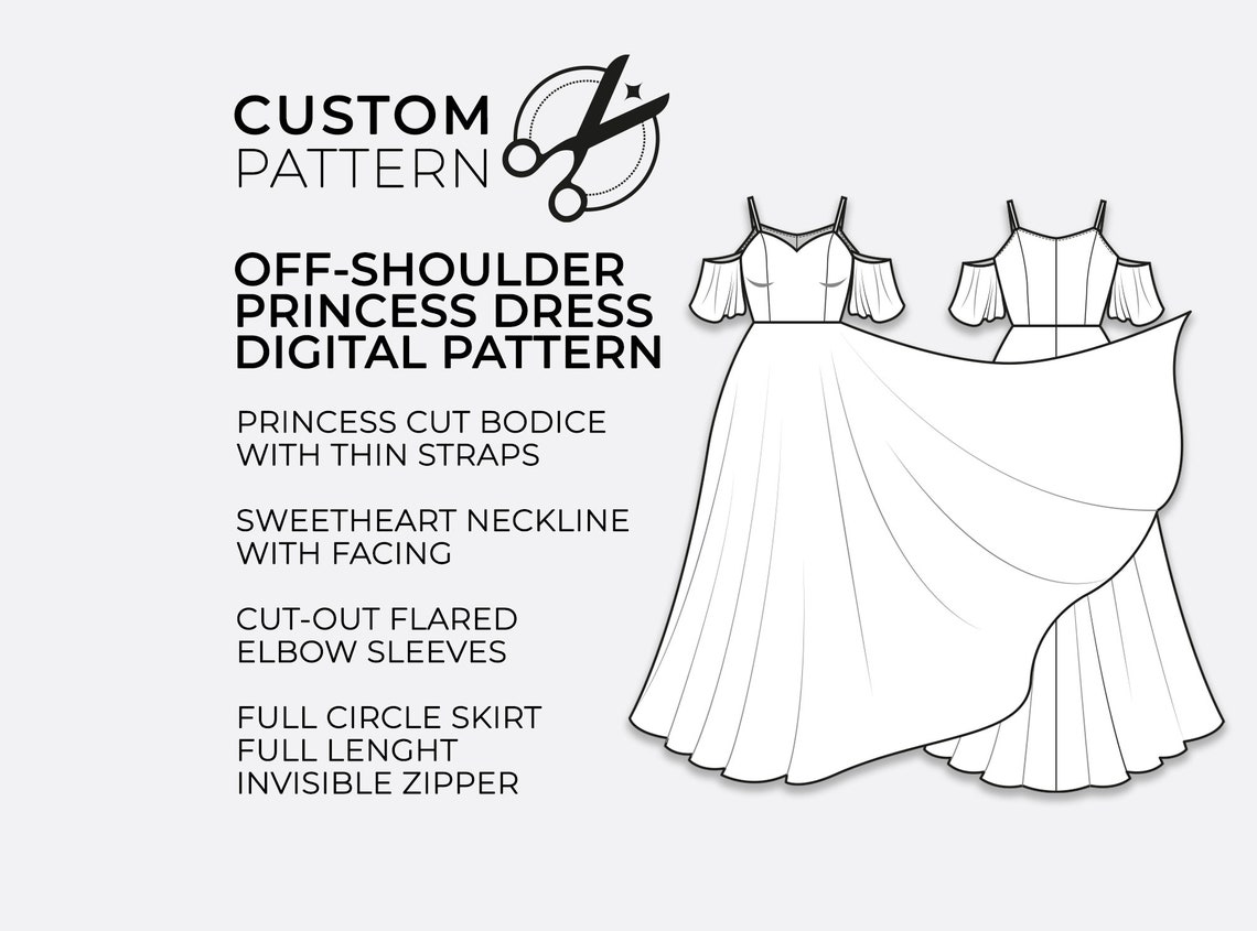 Off-shoulder Dress PDF Sewing Pattern, Tutorial, Custom Size, Wedding ...