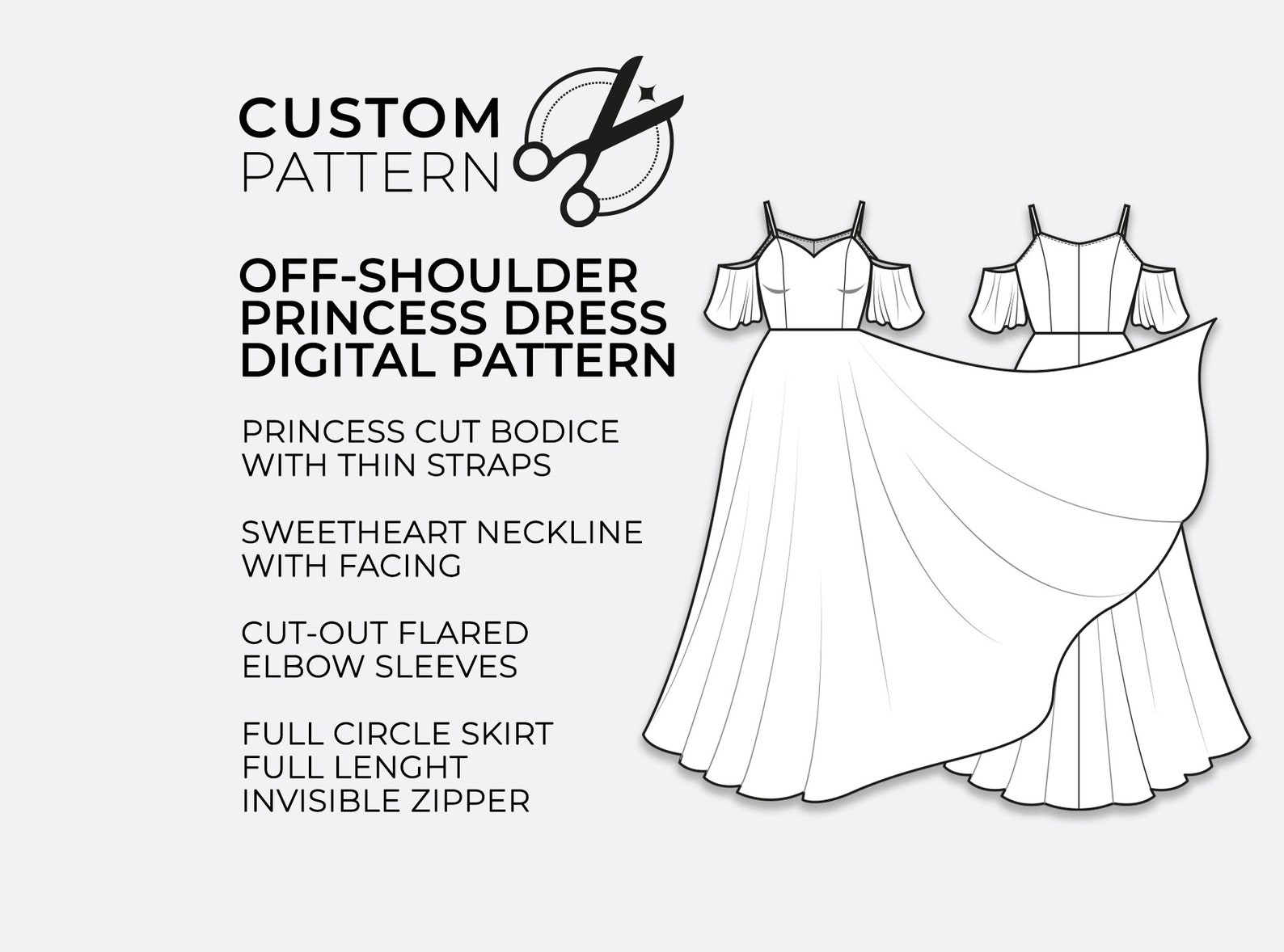 Off-shoulder Dress PDF Sewing Pattern, Tutorial, Custom Size, Wedding ...