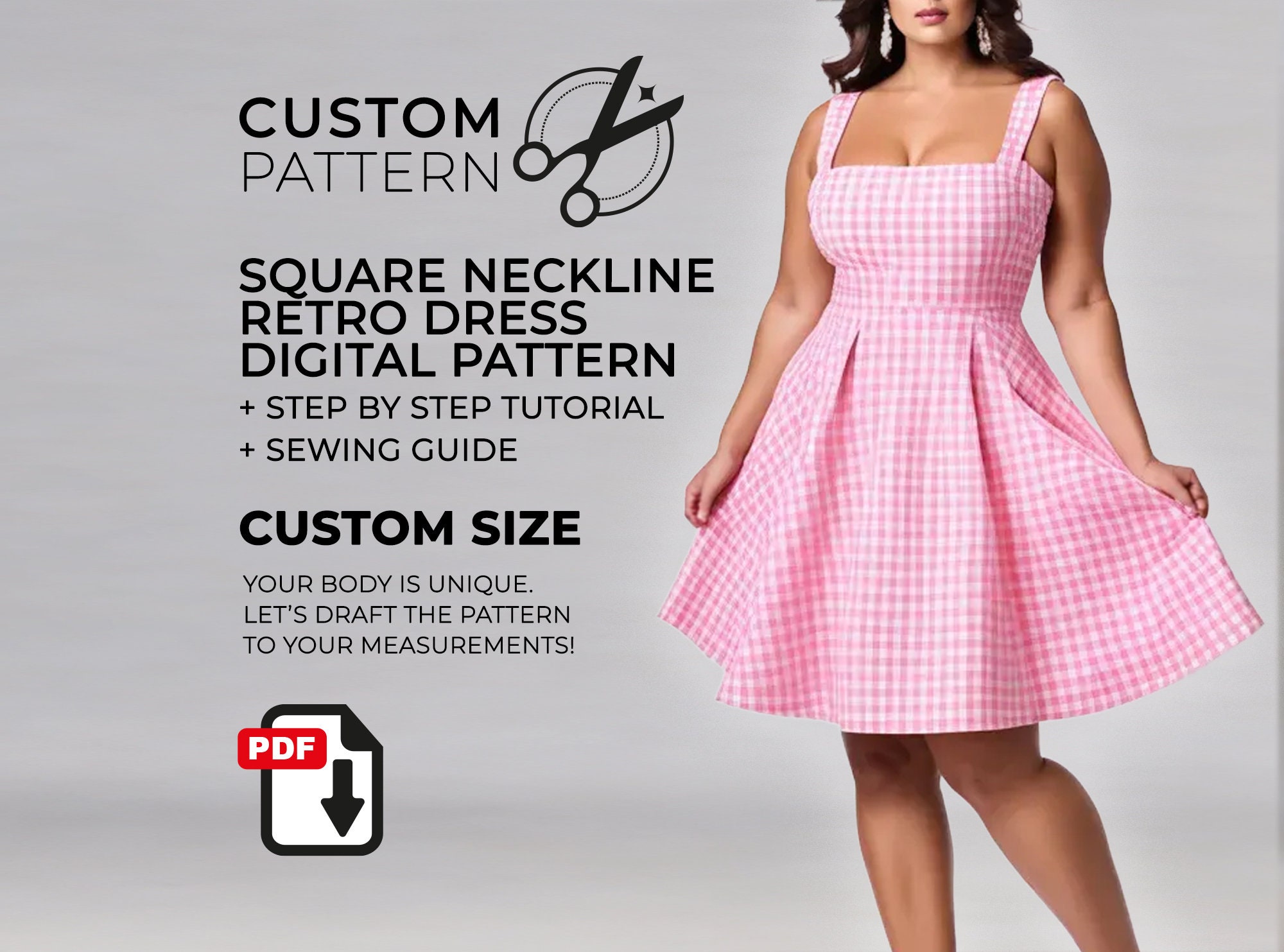Summer Retro Dress PDF Sewing Pattern, Tutorial, Custom Size, Coquette ...