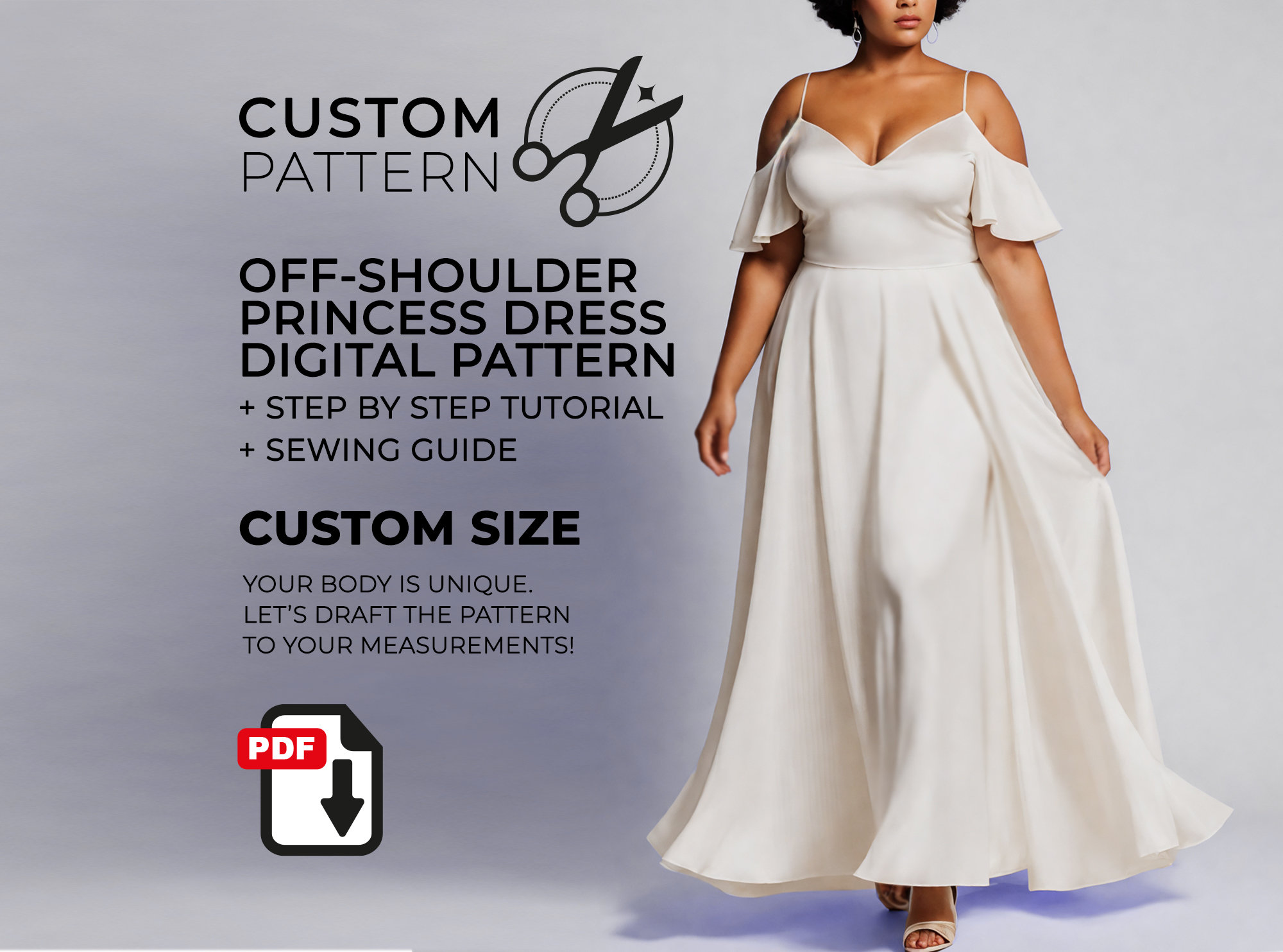Off-shoulder Dress PDF Sewing Pattern, Tutorial, Custom Size, Wedding ...
