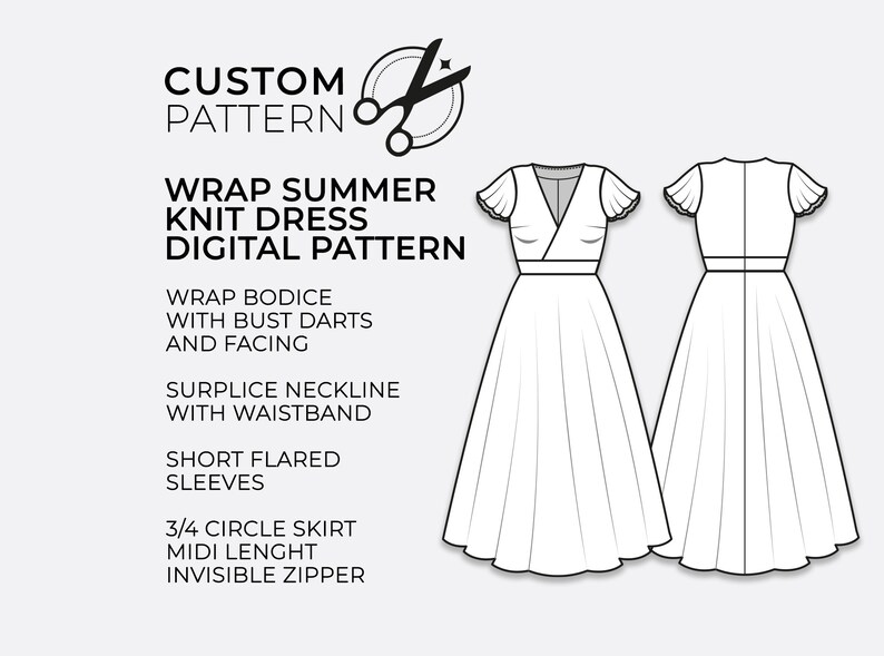 Wrap Knit Dress PDF Sewing Pattern, Tutorial, Custom Size, Sun Dress Pattern, Plus Size Pattern ...