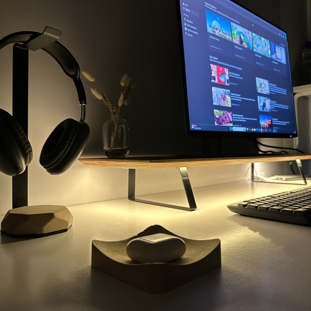 Wooden Monitor Riser With Built-in LED Lighting, Desktop Organizer ...