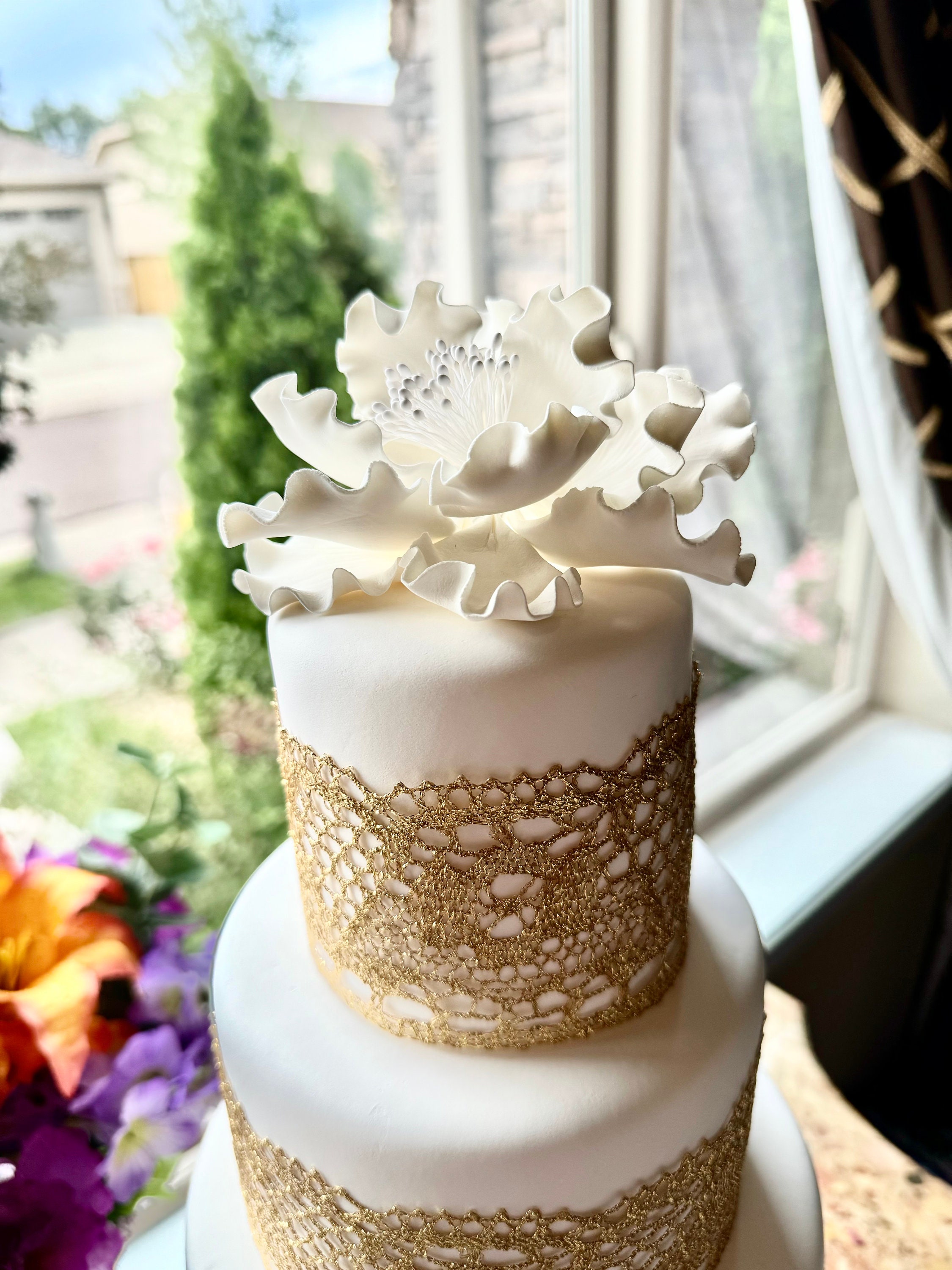 Five Tier Faux Wedding Cake White With Gold Lace and Peonies- 20 Inches ...