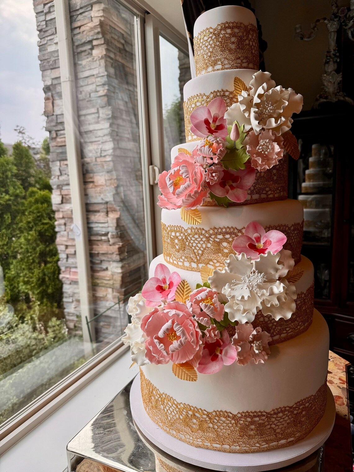 Six Tier Faux Wedding Cake White With Gold Lace and Peonies- 26 Inches ...