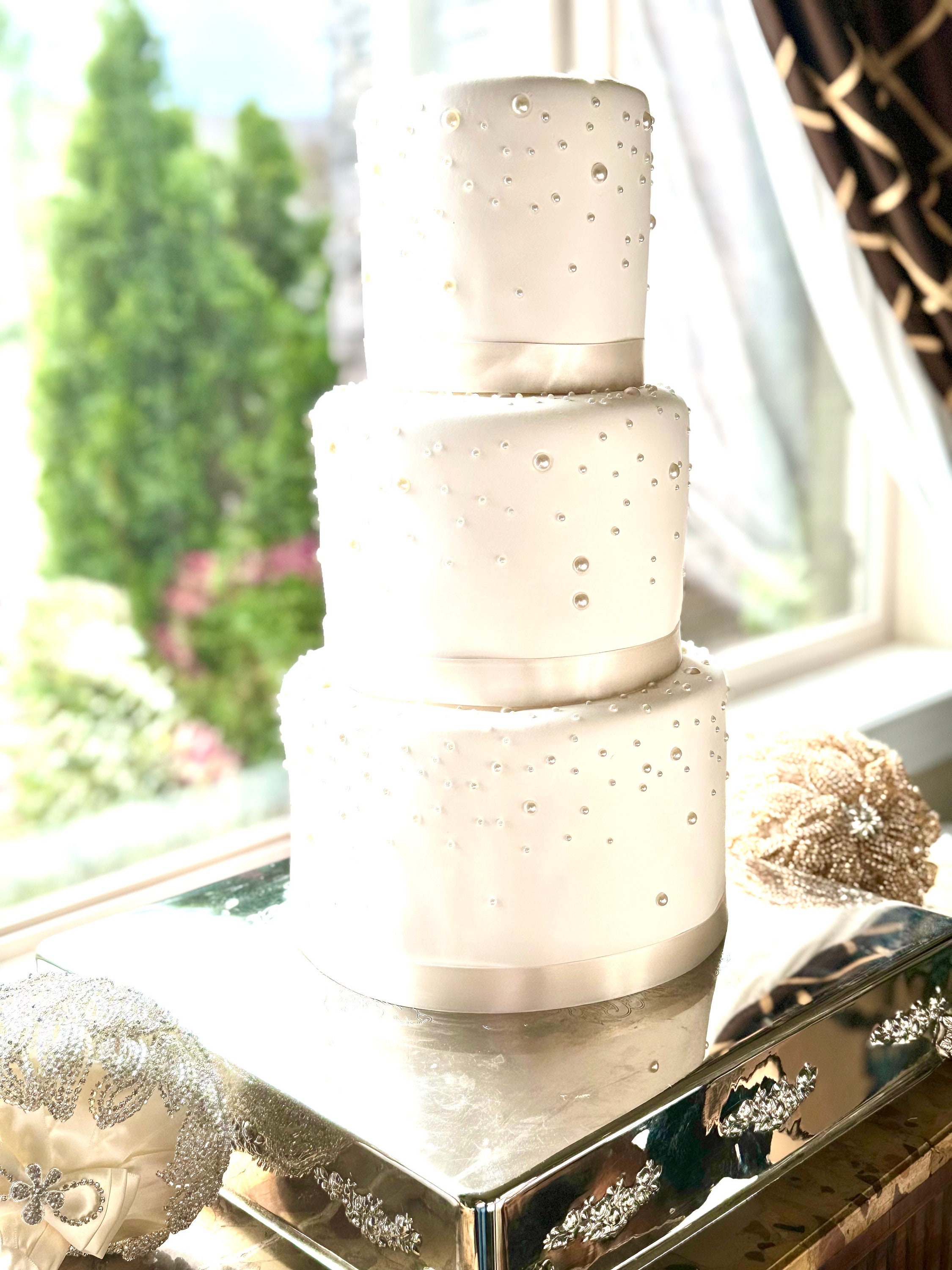Three Tier Faux Wedding Cake White With White Pearls - 18 Inches Tall ...