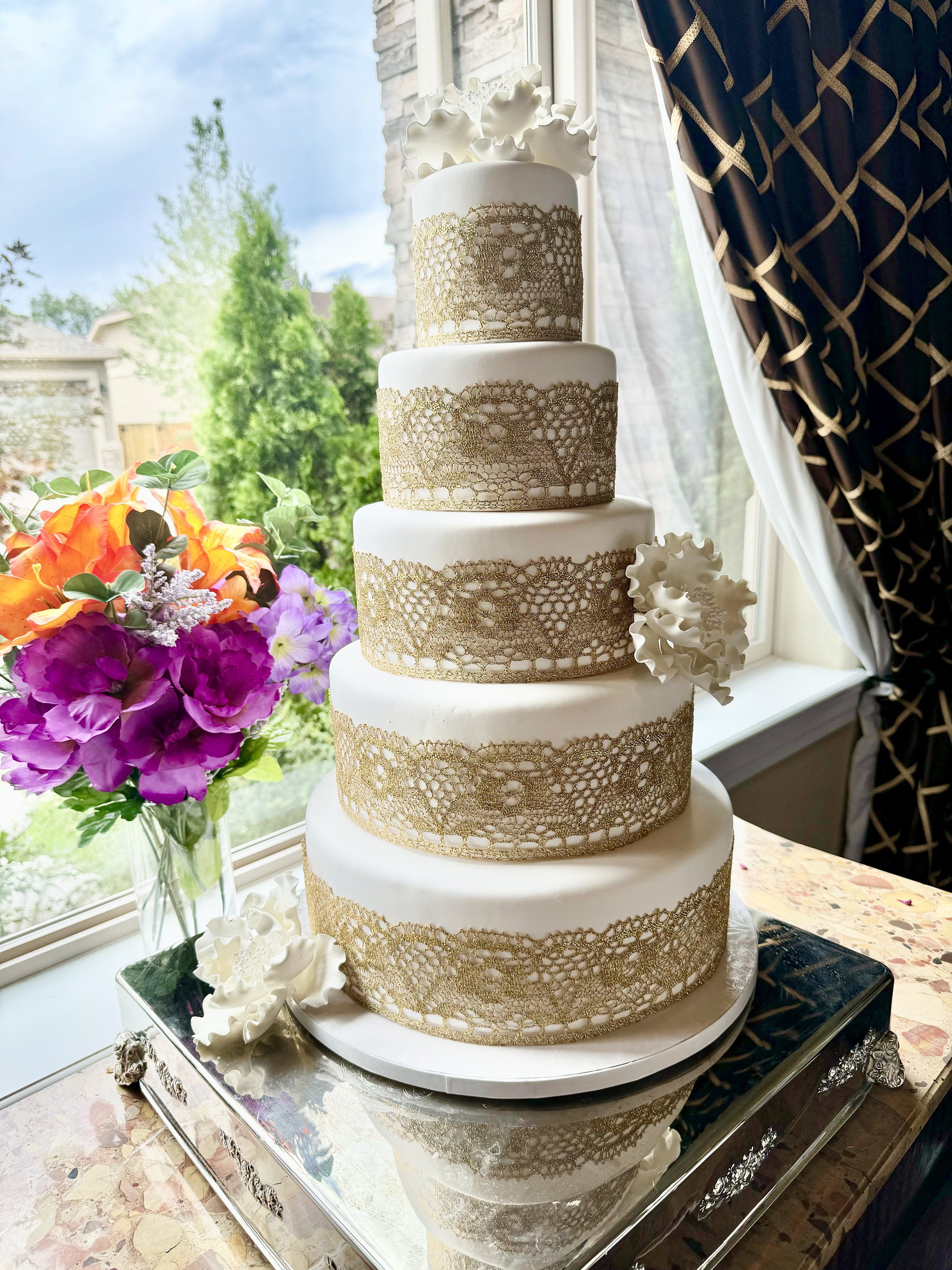 Five Tier Faux Wedding Cake White With Gold Lace and Peonies- 20 Inches ...