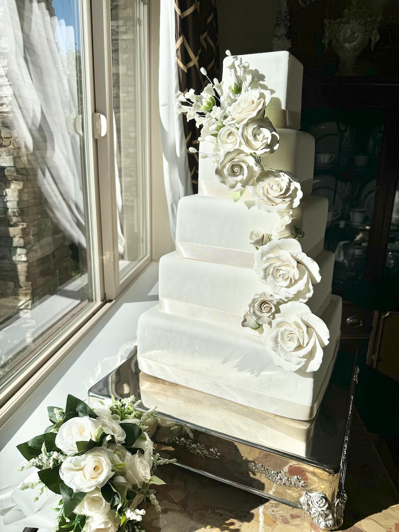 Five Tier Faux Square White Wedding Cake With Gum Paste Roses - 20 Inches Tall!! - Etsy