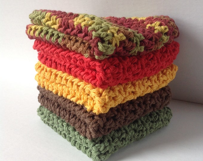 Crochet Dishcloth, 5 Cotton Wash Cloths, Fall, Washcloths, Crocheted ...