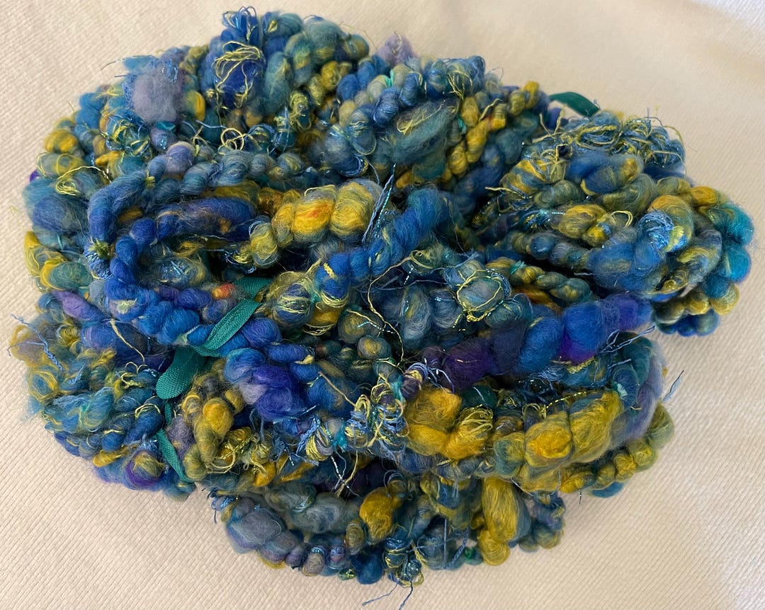 Hand Spun Blue Gold Yellow Sparkle Textured Spiral Plyed Art Yarn - Etsy