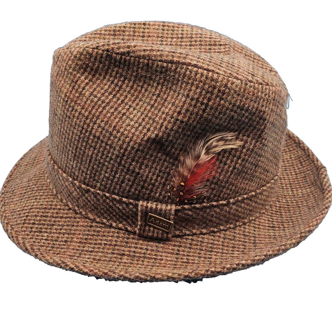 Vintage Adam of New York Wool Tweed Fedora W/feather Silk Lining 7-7-1/ ...
