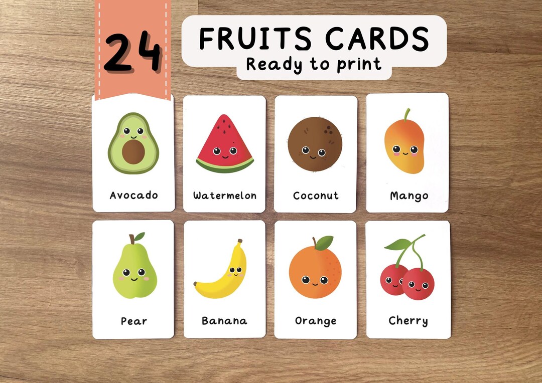 Fruits Flashcards: Montessori Printable Cards, Kawaii Illustrations ...
