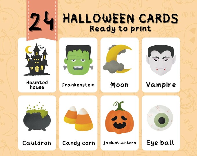 24 Halloween Flashcards, Montessori Printable Halloween Learning Cards ...