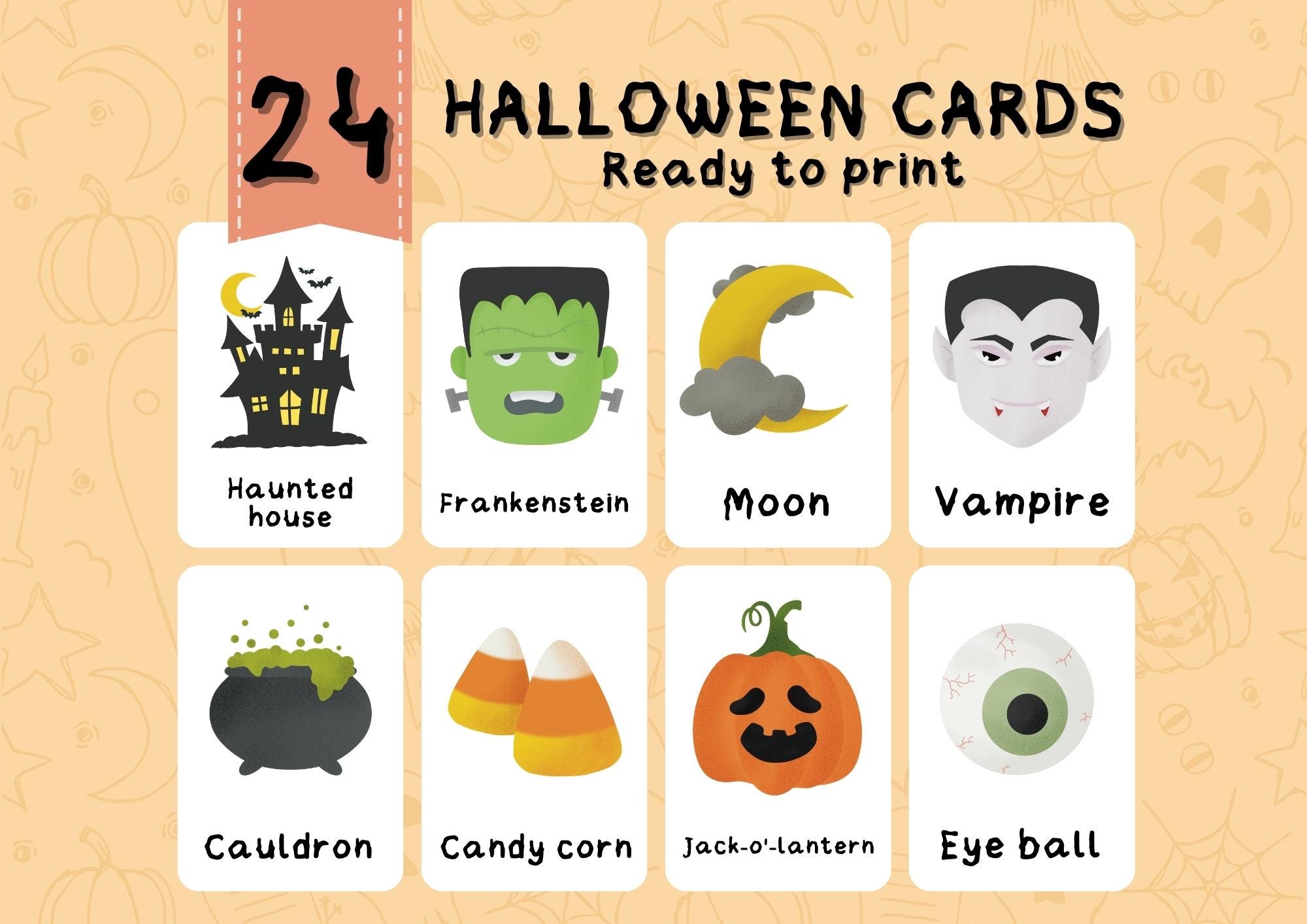 24 Halloween Flashcards, Montessori Printable Halloween Learning Cards ...