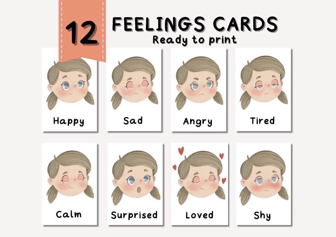 12 Feelings Flashcards, Montessori Flashcards, Illustration, Cute ...
