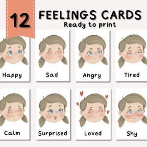 12 Feelings Flashcards, Montessori Flashcards, Illustration, Cute ...